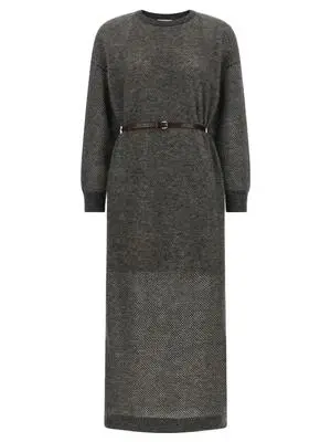 Brunello Cucinelli Monile Belted Mesh-knit Midi Dress - Grey