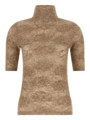 Brunello Cucinelli Openwork High Neck Short-sleeve Sweater - Beige