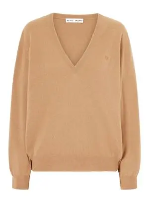 BLAZÉ MILANO Embroidered V-neck Wool And Cashmere-blend Sweater - Camel