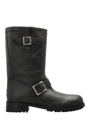 JIMMY CHOO Jimmy Choo Logo Plaque Buckled Patchwork Boots