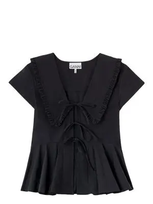 GANNI Ganni Ruffled Peplum Poplin Top Black