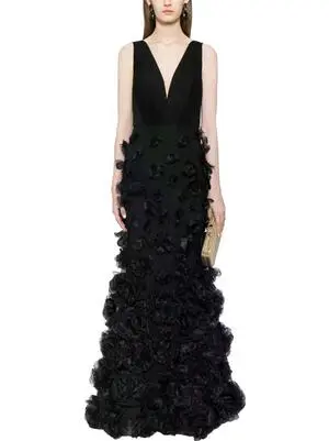 Marchesa Floral Appliqué Gown - Black