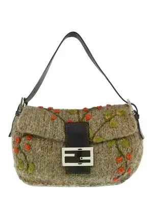 Fendi Fendi Floral Embroidered Baguette Shoulder Bag Neutrals