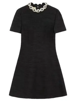 Valentino Garavani Embroidered Crinkle Cotton Tweed Short Dress - Black