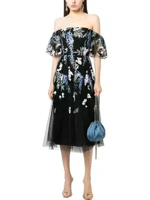Marchesa Off-shoulder Floral Embroidered Midi Dress - Black