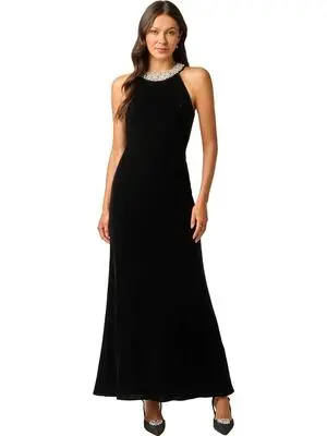 Adrianna Papell Velvet Halter Gown With Beaded Collar - Black