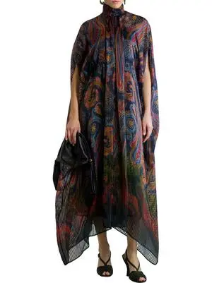 Etro Long Silk Dress With Cape And Degradé Paisley Motif - Blue