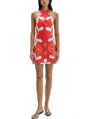 CALA DE LA CRUZ Floral Print Halterneck Mini Dress - Red