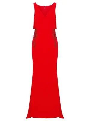 Badgley Mischka Embellished Cutout Crepe De Chine Gown - Red