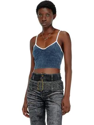 DIESEL® Indigo Bouclé Ribbed Knit Cropped Top With Spaghetti Straps - Multicolor