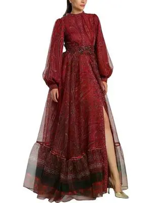 MIAU BY CLARA ROTESCU Bordeaux Paisley Print Bead-embellished Maxi Dress - Red