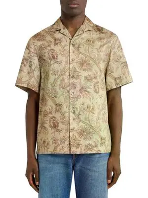 Etro Bowling Shirt In Cotton Satin With Floral Paisley Motif - Neutrals