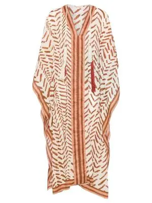 Johanna Ortiz Beige Abstract Pattern V-neck Midi Dress - Neutrals