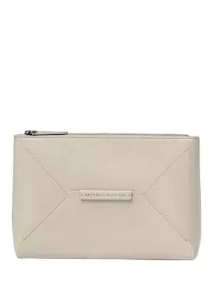 Brunello Cucinelli Leather Clutch Bag With Logo Plaque - Neutrals