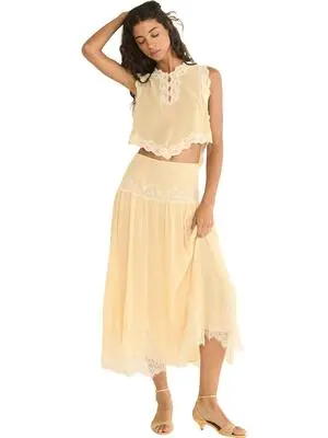 DÔEN Giorgine Silk Georgette Lace Tiered Midi Skirt - Shell