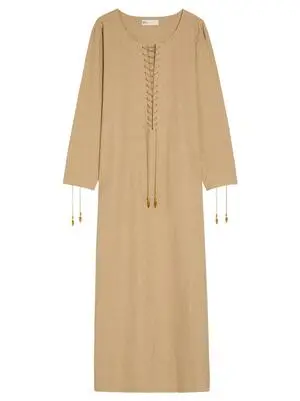 Tory Burch Lace-up Linen-blend Maxi Tunic Dress - Sand