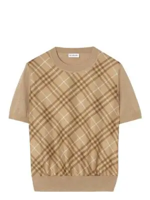Burberry Check Panel Wool Silk T-shirt - Camel