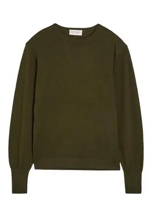 Officine Générale Merino Wool Crew Neck Jumper With Side Slits - Olive