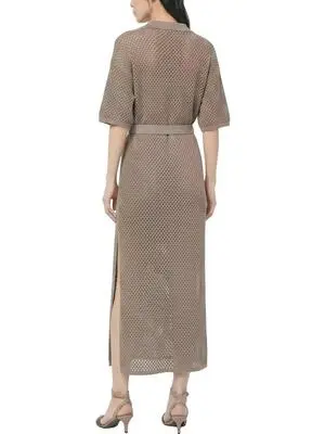 Brunello Cucinelli Belted Openwork Midi Dress - Brown