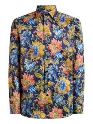 Etro Cotton Satin Shirt With Floral Motif - Blue