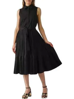 MEIMEIJ Pleated Sleeveless Midi Shirt Dress - Black