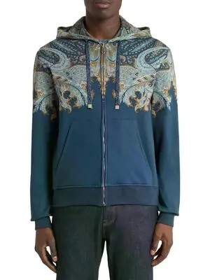Etro Cotton-blend Hooded Sweatshirt With Paisley Print - Blue