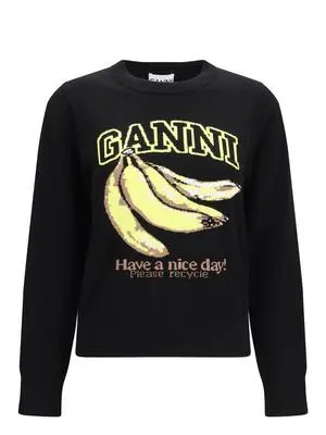 GANNI Banana Print Crew Neck Sweater - Black