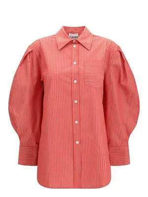 GANNI Striped Cotton Shirt With Balloon Sleeves - Red