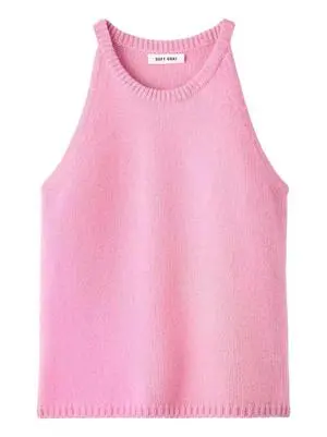 Soft Goat Ribbed Trim Knitted Halter Top - Pink