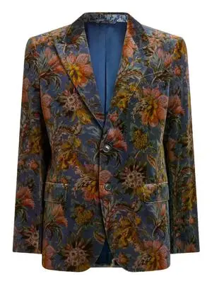 Etro Single-breasted Jacket In Stretch Cotton Velvet With Floral Motif - Blue