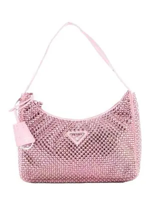 Prada Re-edition 2000 Crystal Embellished Satin Mini Hobo Bag - Pink