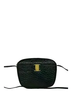 FERRAGAMO Croc Embossed Leather Vara Crossbody Bag - Black