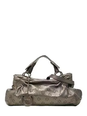 FERRAGAMO Perforated Metallic Calfskin Gancini Satchel - Brown