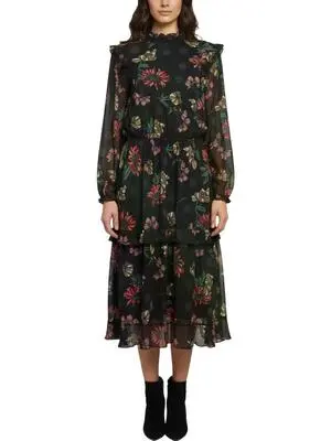 BOSS Floral Print High Neck Midi Dress - Black
