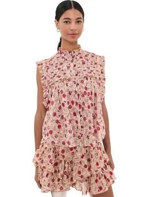 Isabel Marant Étoile Dersia Floral Print Mock Neck Top - Ecru/raspberry