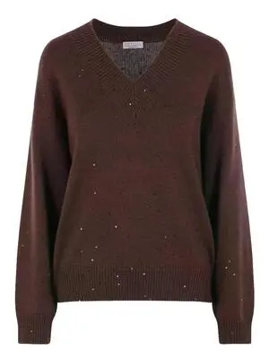Brunello Cucinelli Sequin-embellished V-neck Sweater - Brown