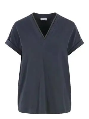 Brunello Cucinelli Monili Trim V-neck T-shirt - Blue