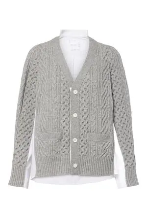Sacai Cable-knit Wool And Poplin Cardigan - Grey