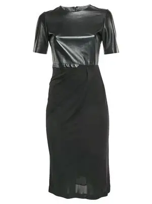 Gucci Leather Bodice Draped Midi Dress With Short Sleeves And Round Neck - Black