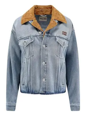 Miu Miu Miu Miu Denim Jacket With Suede Collar And Fringed Hem Multicolor