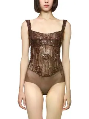 ATU BODY COUTURE Sequin Embellished Corset Bodysuit - Brown
