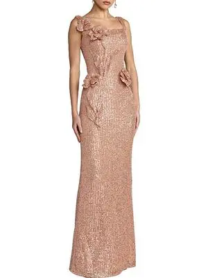 Mac Duggal Sleeveless Sequin Gown With 3d Floral Appliques - Copper