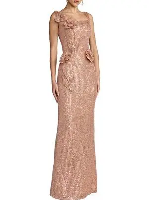 MAC DUGGAL Mac Duggal Sleeveless Sequin Column Gown With 3D Floral Appliqués