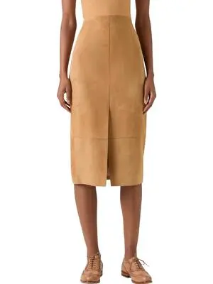 Akris Suede Pencil Skirt With Front Slit - Camel