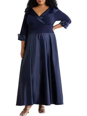 JESSICA HOWARD Rhinestone Button Mixed Media Gown - Navy
