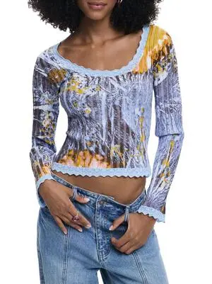 Desigual Abstract Print Rib Knit Top With Lace Trim - Blue