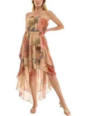 SOCIALITE Abstract Print Strapless High-low Tiered Midi Dress - Rust/brown