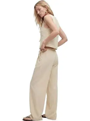 KOTON Mid-rise Wide Leg Linen Trousers - Beige