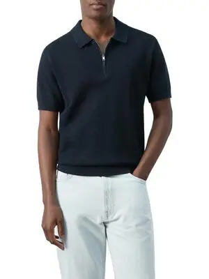 Mango Solid Cotton Waffle Zip Polo Sweater - Navy
