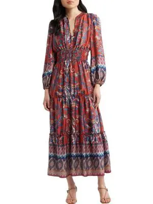 Julia Jordan Paisley Floral Long Sleeve Tiered Dress - Rust Multi